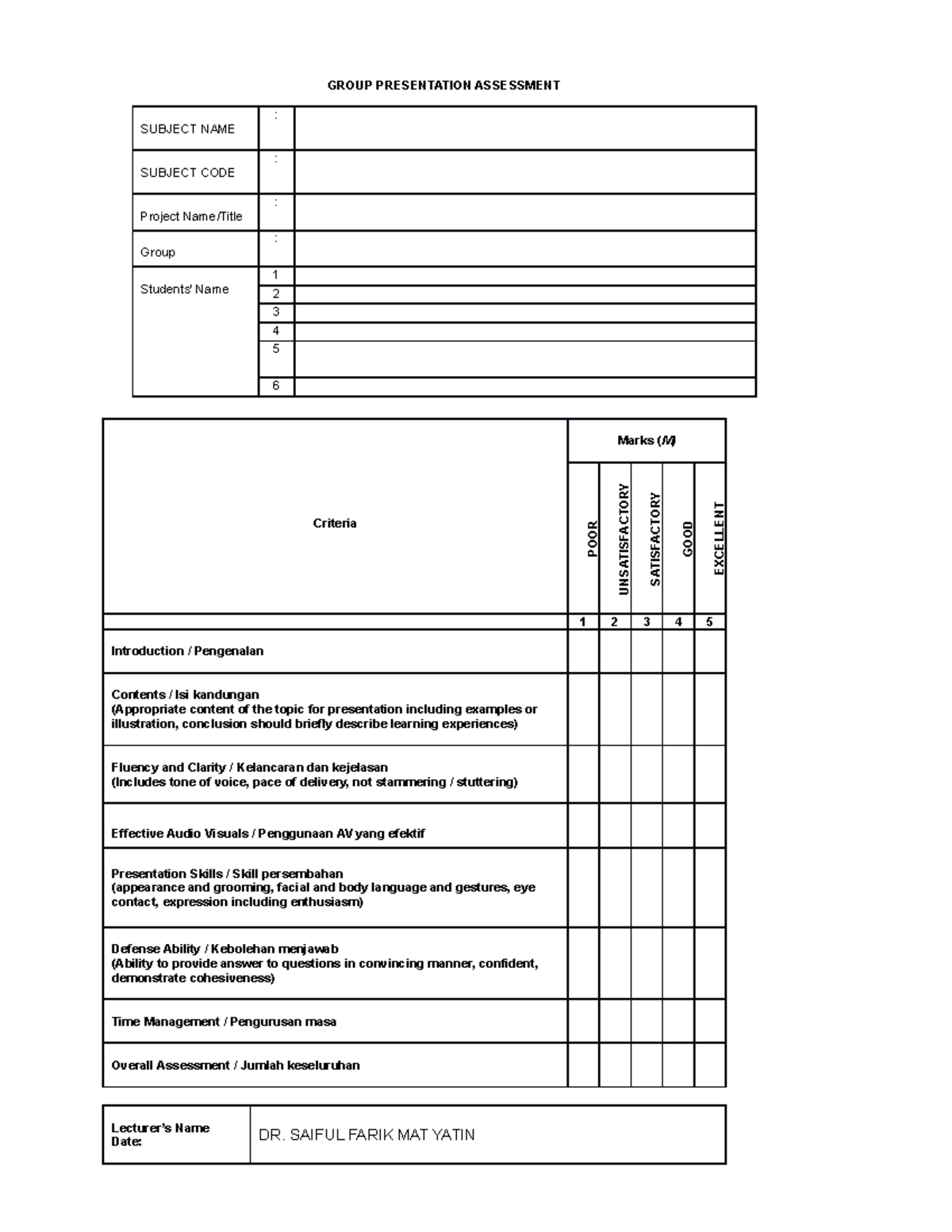 Criteria for presentation - GROUP PRESENTATION ASSESSMENT SUBJECT NAME ...