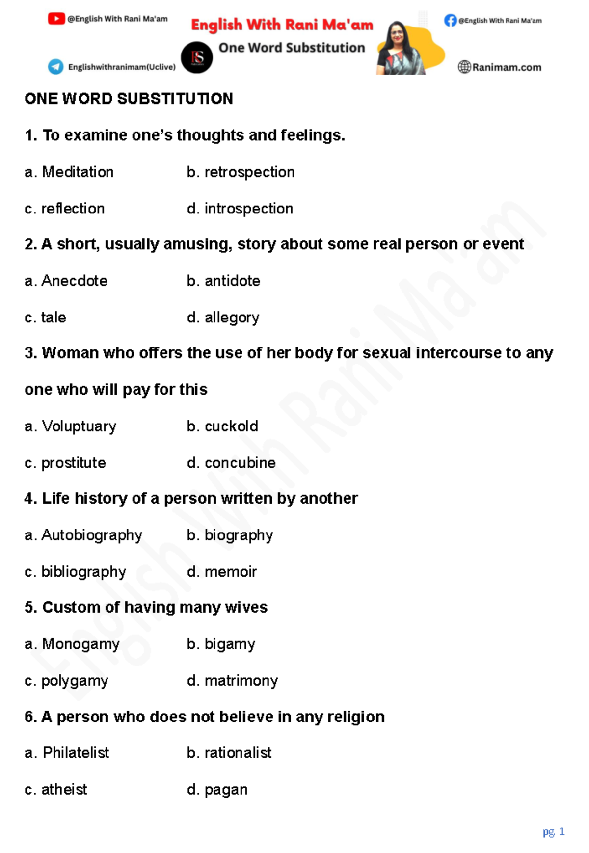 One Word Exercise Ebook - ONE WORD SUBSTITUTION To examine one’s ...