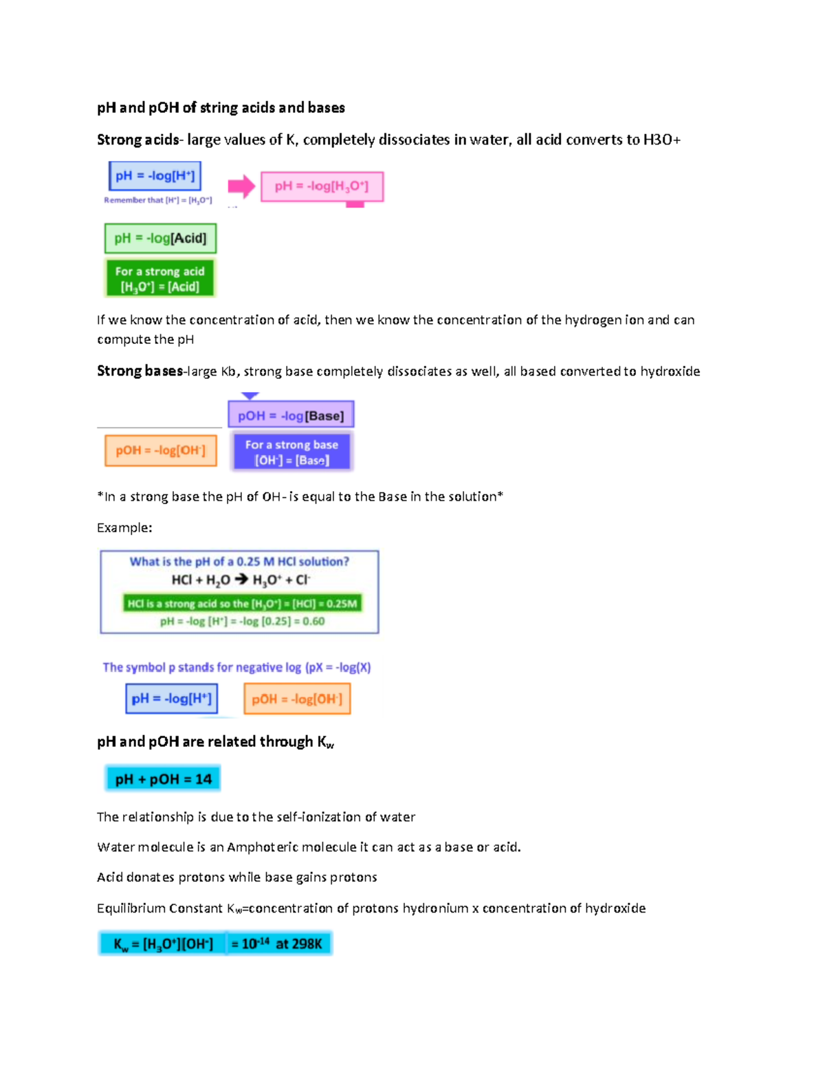 Chem 104-pH Calculations - pH and pOH of string acids and bases Strong ...