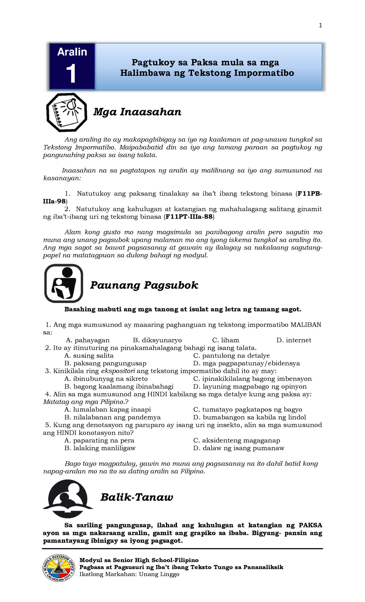 Pagbasa at Pagsusuri Q3 Week 1 - Modyul sa Senior High School-Filipino ...