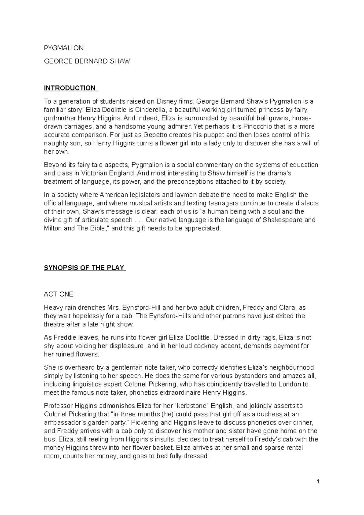 Gr.11 Pygmalion - definitive guide - PYGMALION GEORGE BERNARD SHAW ...