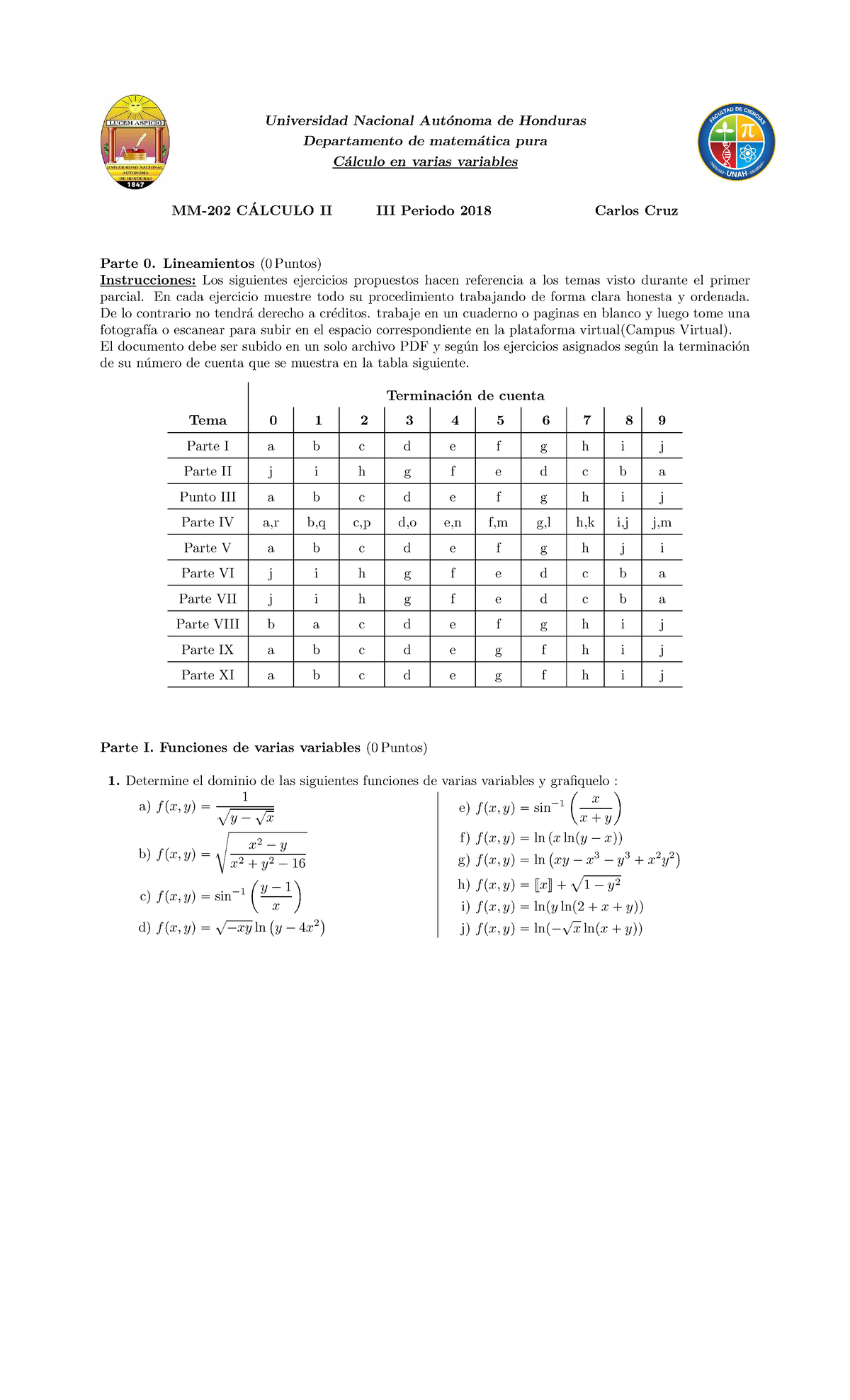 Ejercicios derivadas parciales - Universidad Nacional onoma de Honduras Departamento de atica ...