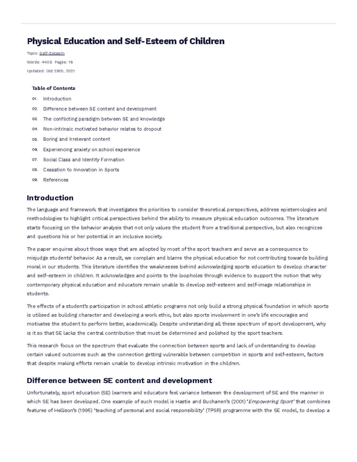 Physical Education and Self-Esteem of Children Free Essay Example ...