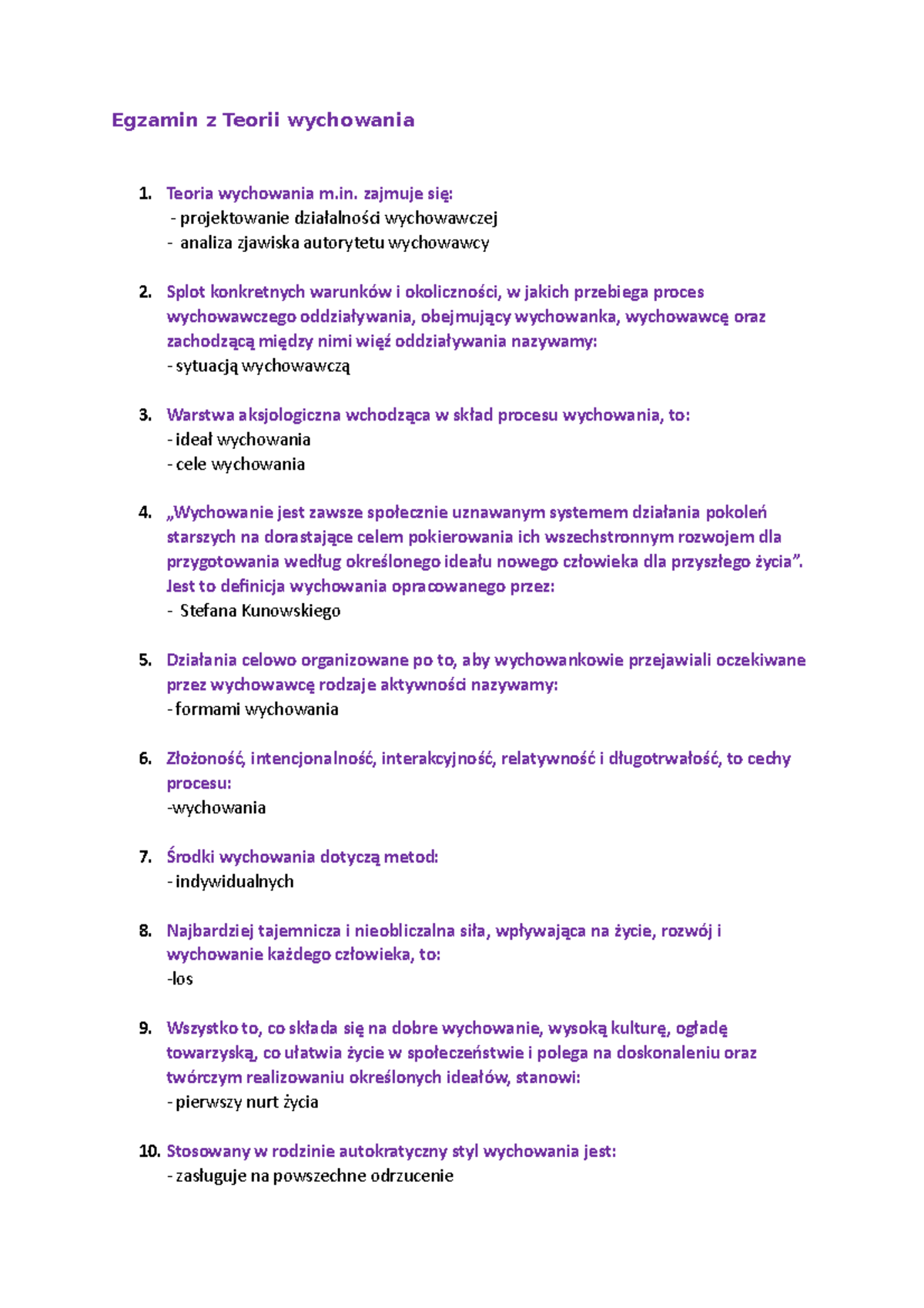 Egzamin z Teorii wychowania - Egzamin z Teorii wychowania Teoria ...