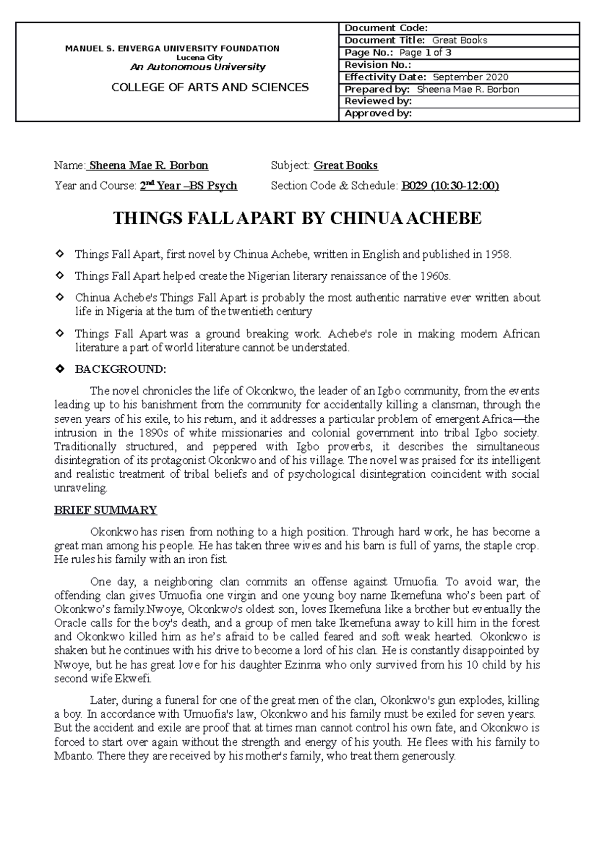 (Things Fall Apart Summary & Reflective Essay) - Name: Sheena Mae R ...