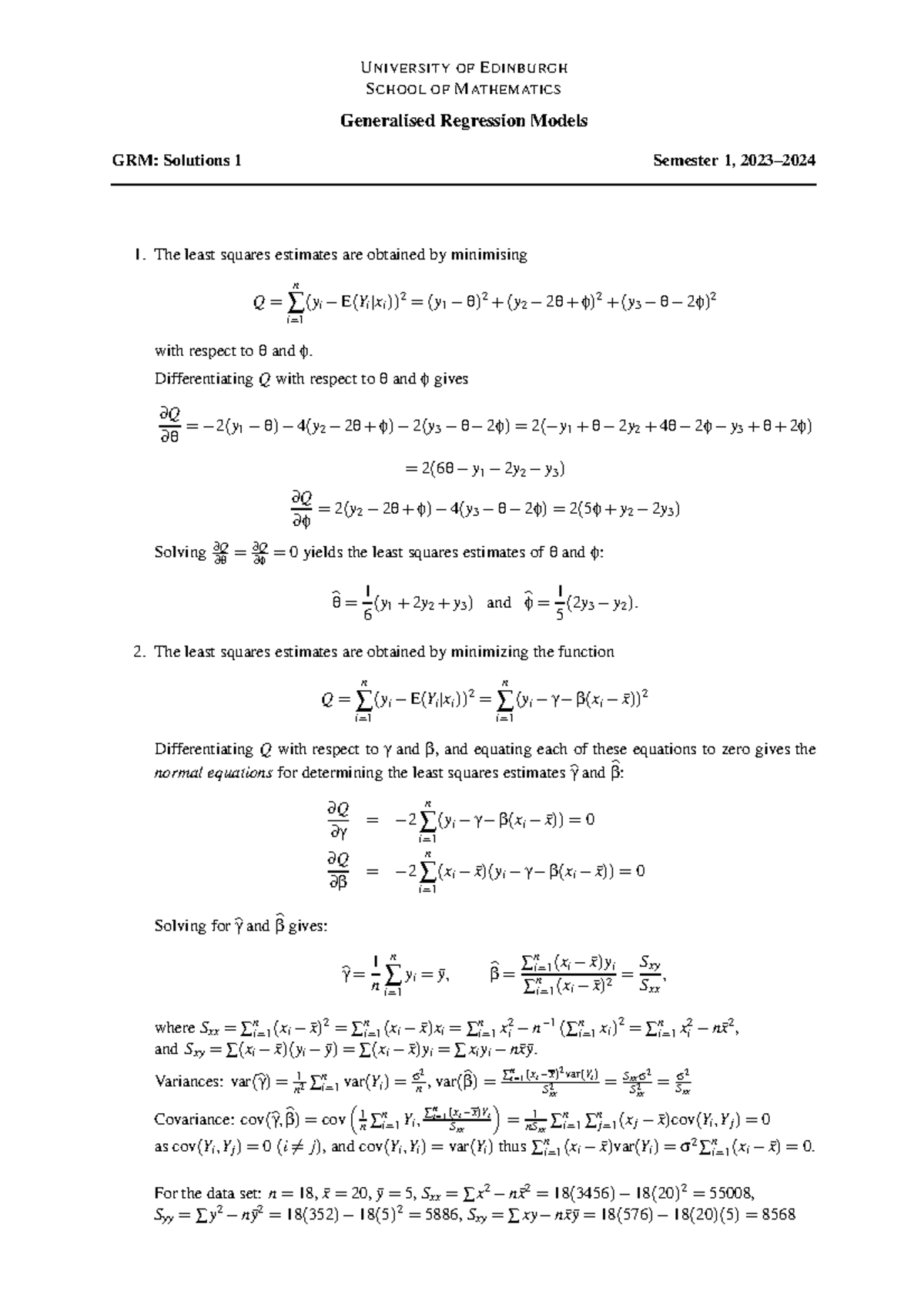 Solutions 1 - UNIVERSITY OF EDINBURGH SCHOOL OF MATHEMATICS Generalised ...