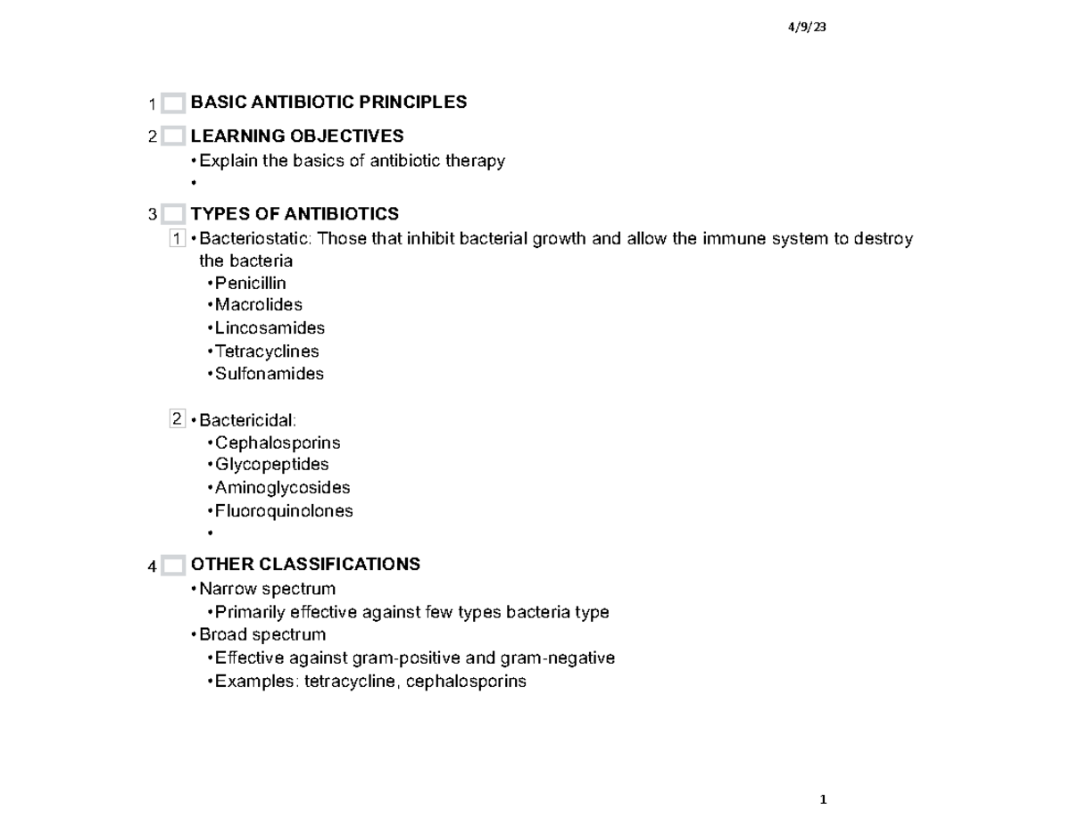 Presentation 1 - 4/9/ 1 BASIC ANTIBIOTIC PRINCIPLES LEARNING OBJECTIVES ...
