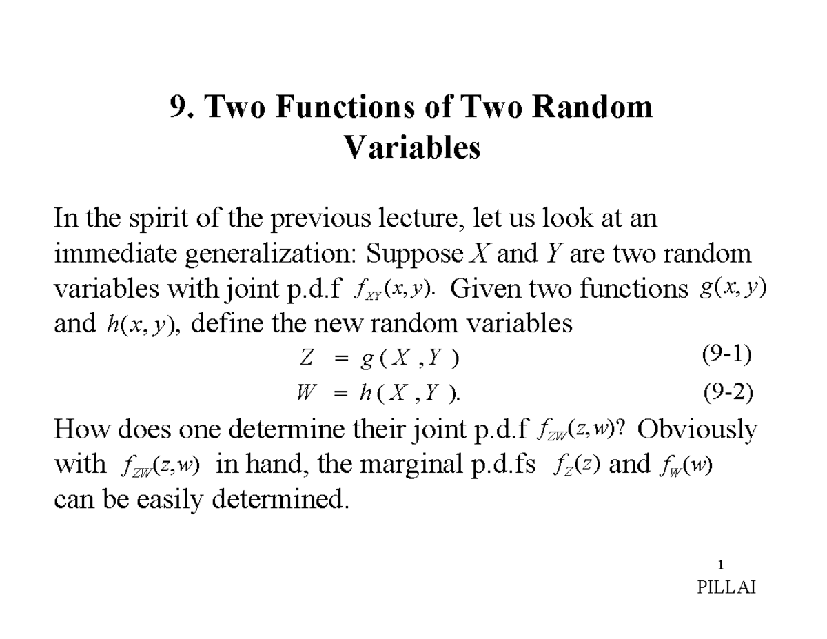 EL6303 Lecture 6 - 1 9. Two Functions of Two Random Variables In the ...