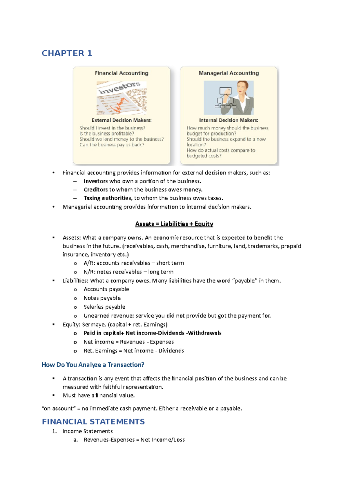 Notes - CHAPTER 1 Financial accounting provides information for ...
