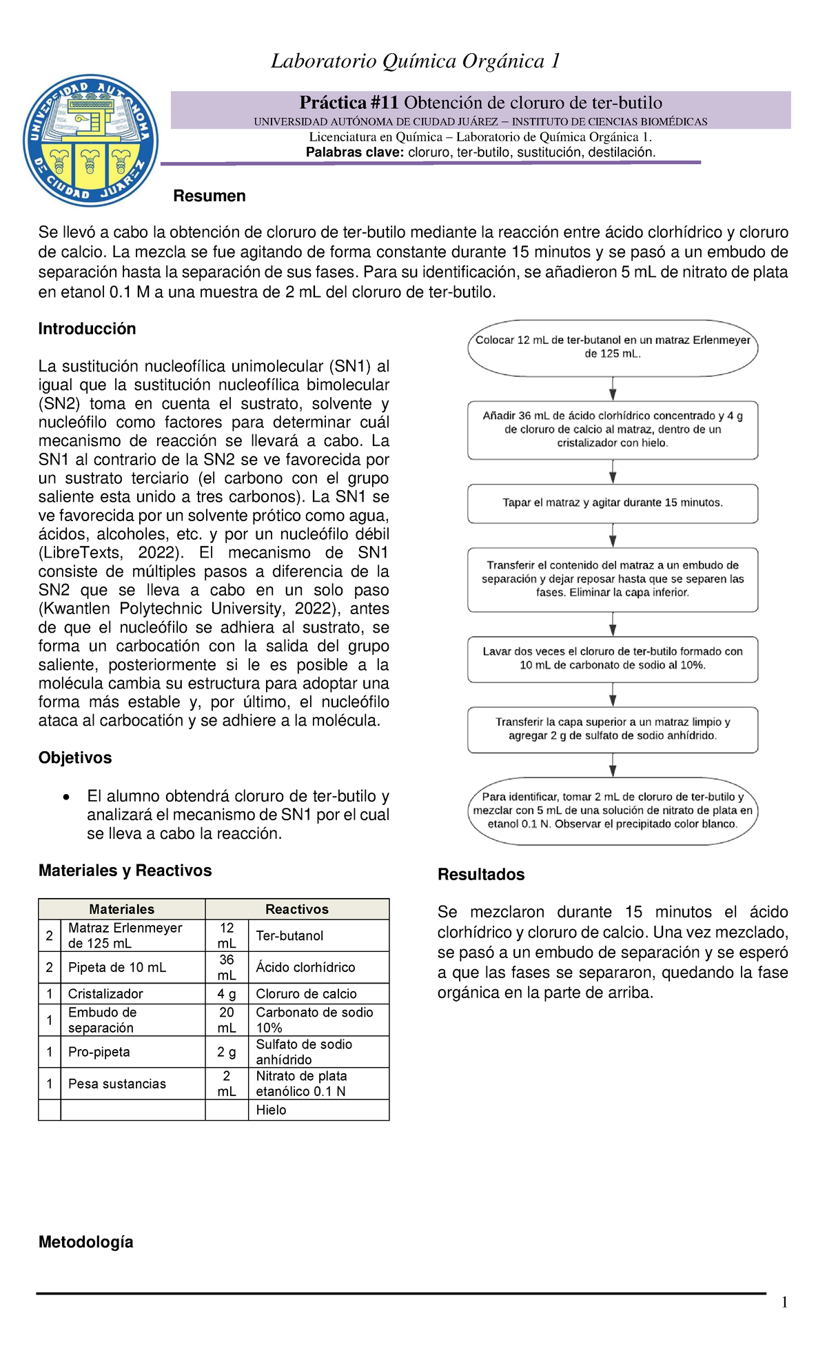 Práctica 11 Obtención de cloruro de ter-butilo - Laboratorio Química ...