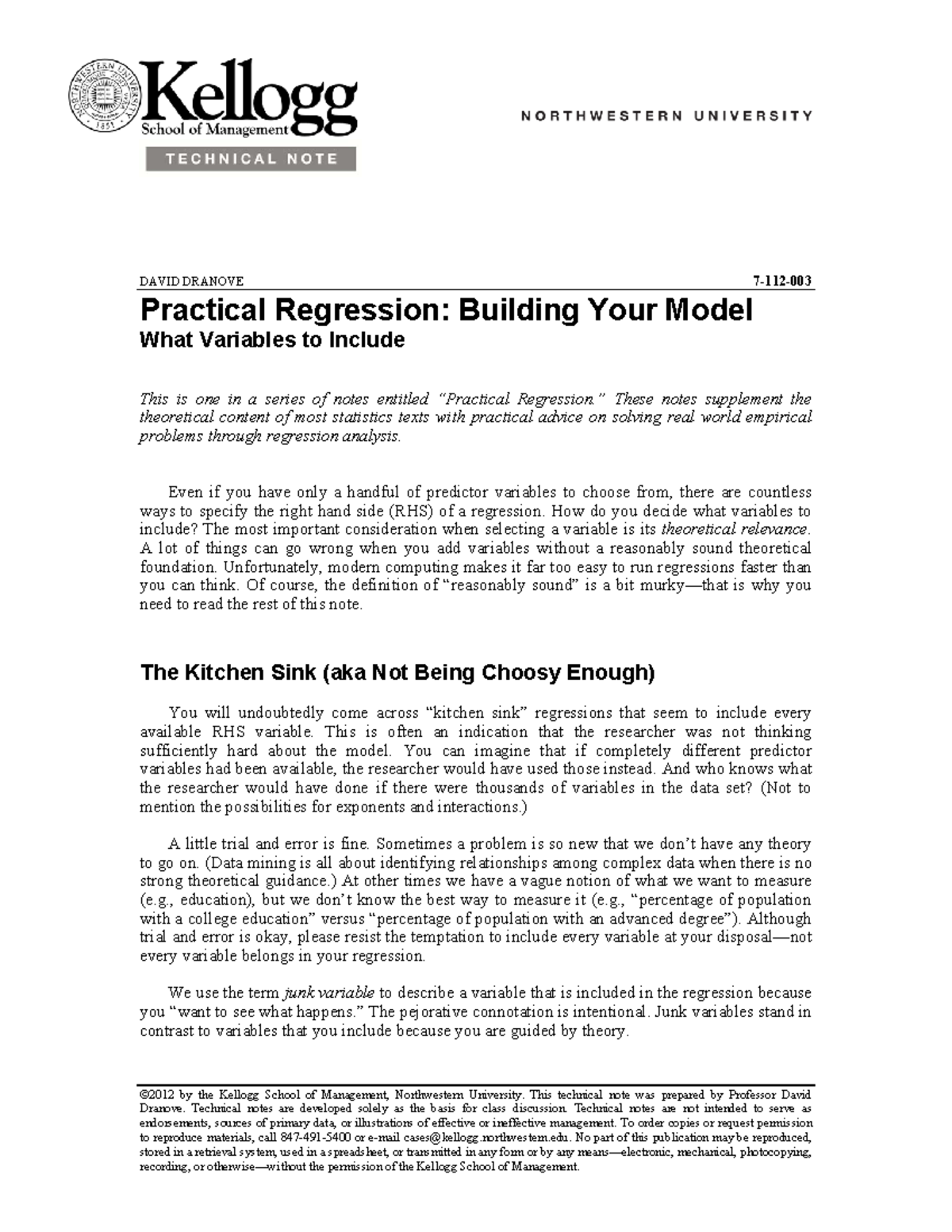 KTN Building Models - DAVID DRANOVE Practical Regression: Building Your ...