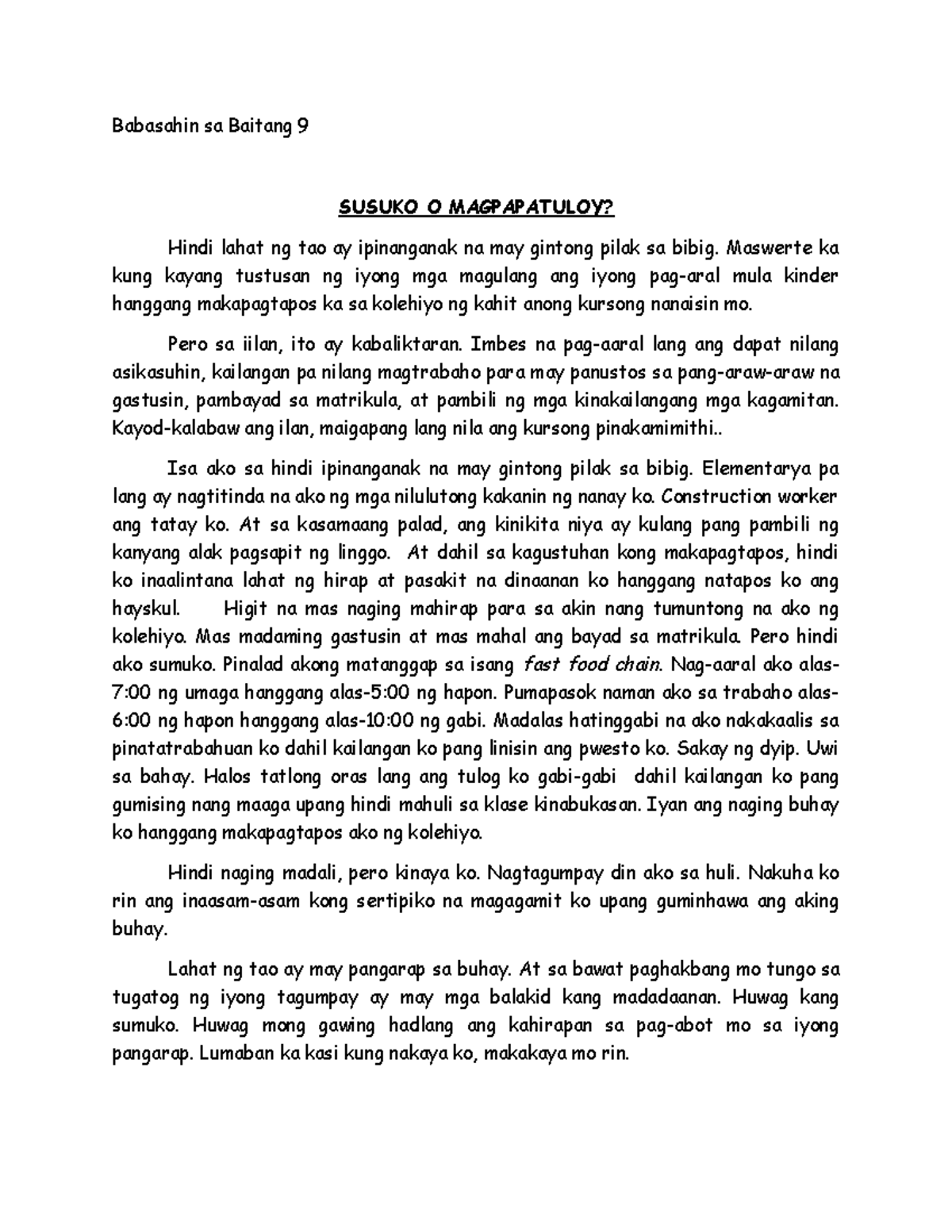 Babasahin SA Baitang 9 - Babasahin sa Baitang 9 SUSUKO O MAGPAPATULOY ...