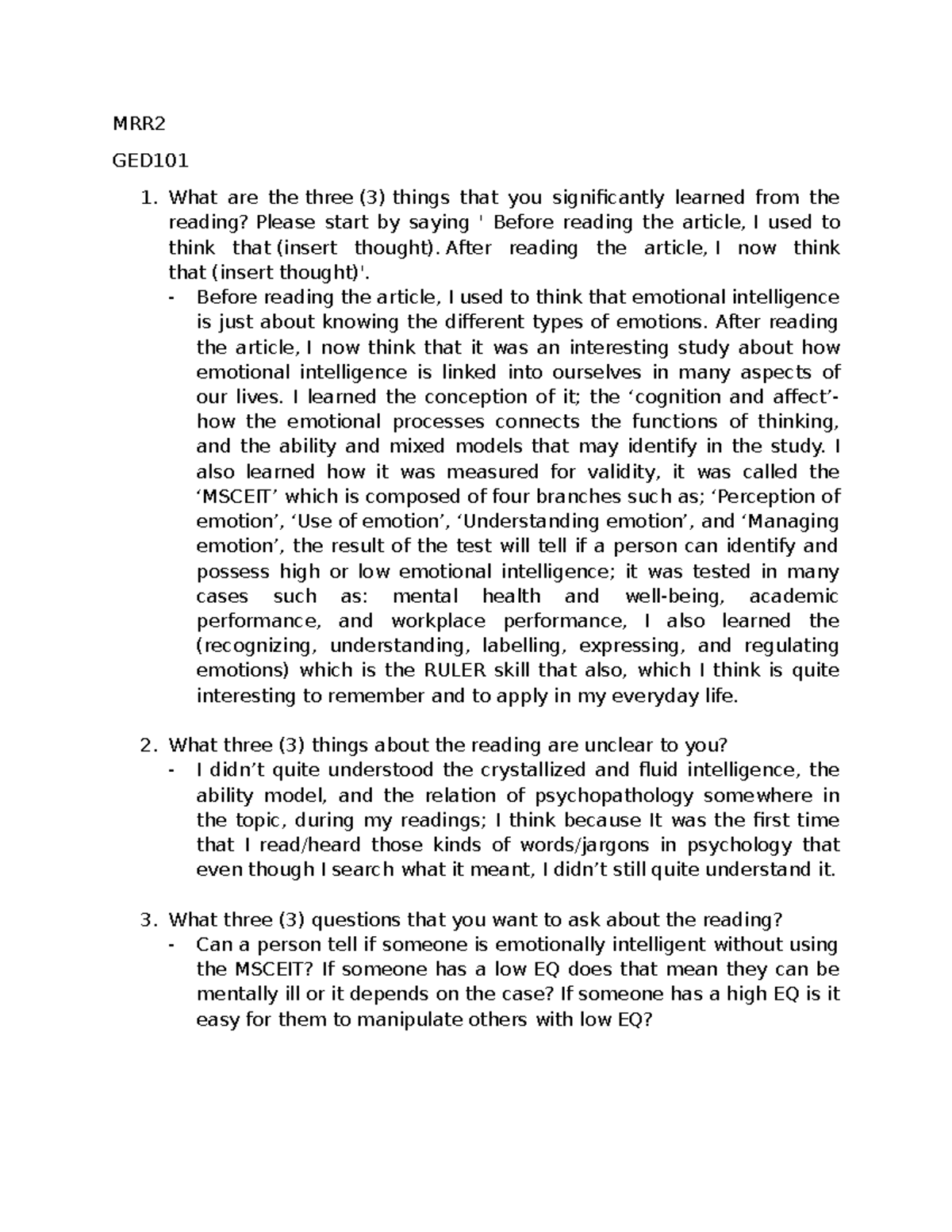 GED101 (MRR2) - MRR2 in understanding the self. - MRR GED What are the ...