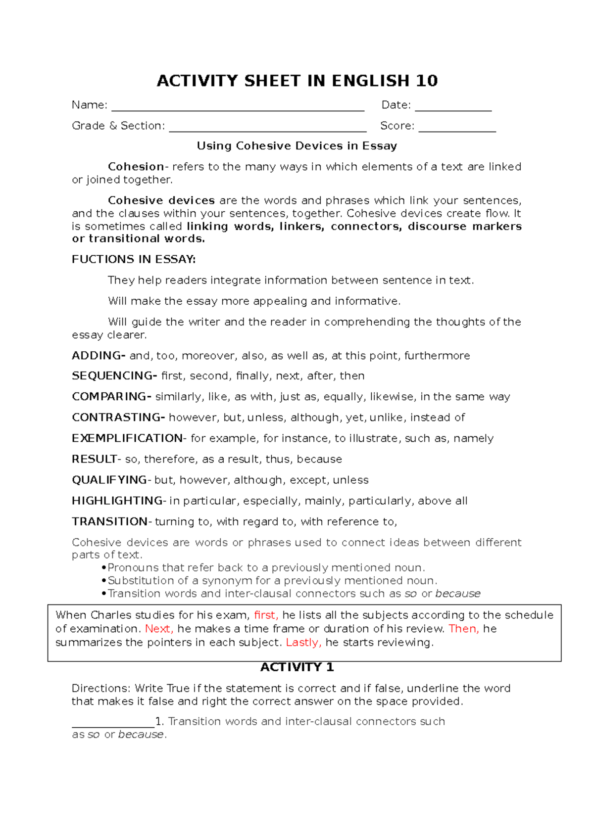 Activity Sheet IN English 10 - Major in English - Studocu