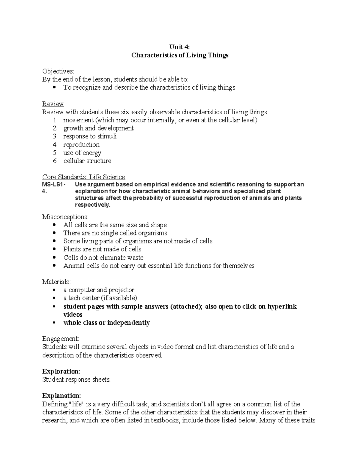 Characteristics of Living Things - Unit 4: Characteristics of Living ...