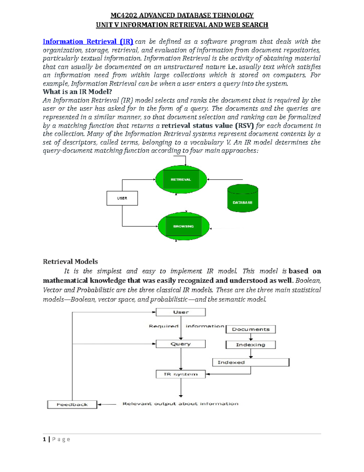 Information Retrieval - MC4202 ADVANCED DATABASE TEHNOLOGY UNIT V INFORMATION RETRIEVAL AND WEB ...