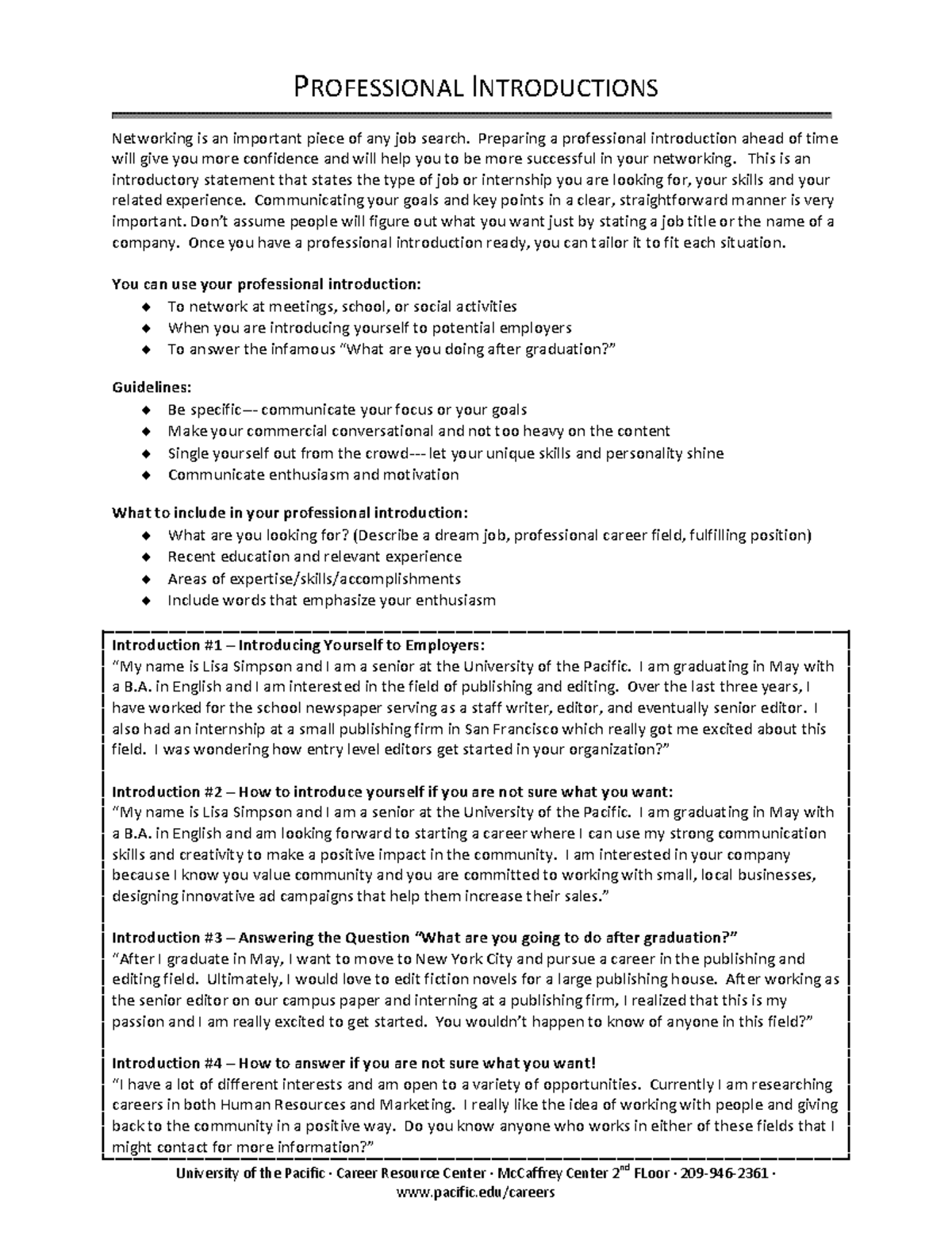 Professional introductions - University of the Pacific ∙ Career ...