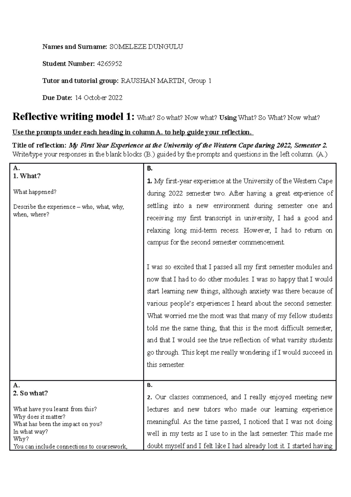 4265952 Reflective Writing - Names and Surname: SOMELEZE DUNGULU ...