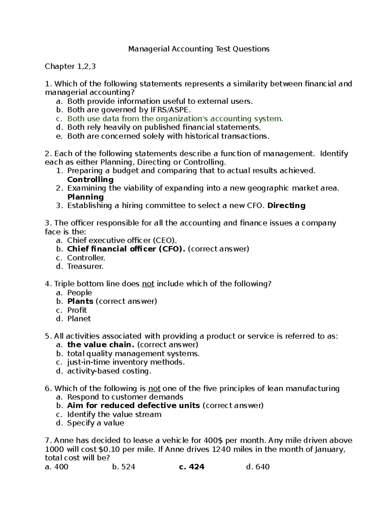 Mid Term Exam Questions and Answers - Managerial Accounting Test ...