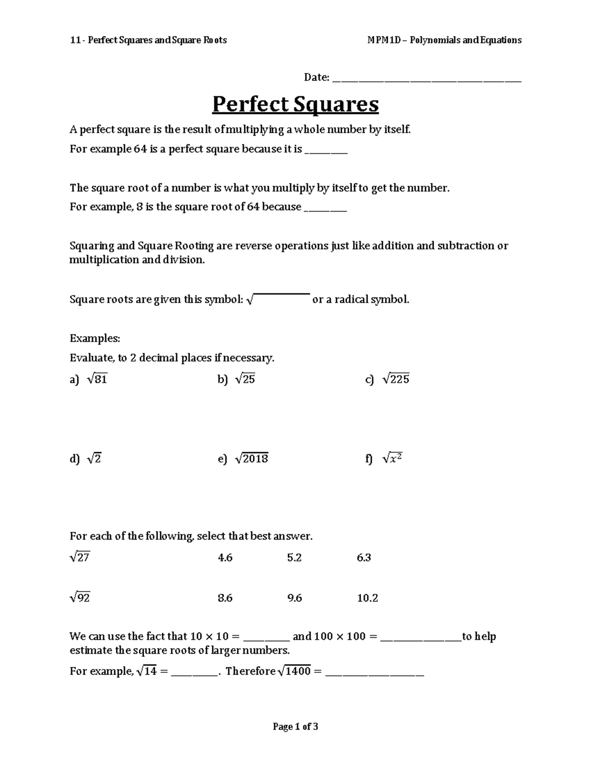 11 - Perfect Squares and Square Roots - For example 64 is a perfect ...