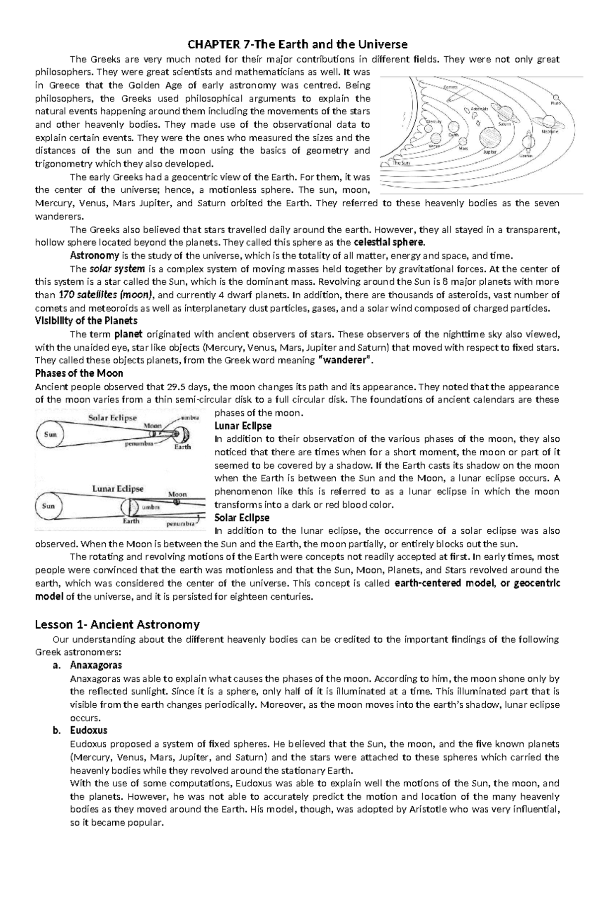 Chapter 7- Solar System - CHAPTER 7-The Earth and the Universe The ...