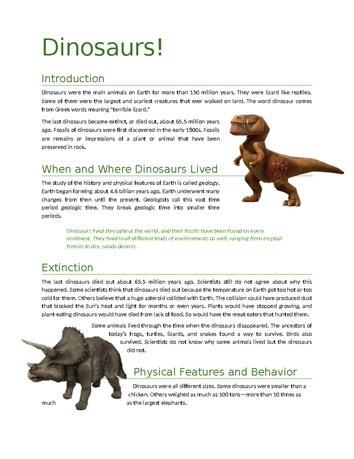Project 1 - MOS WORD - Dinosaurs! Introduction Dinosaurs were the main ...