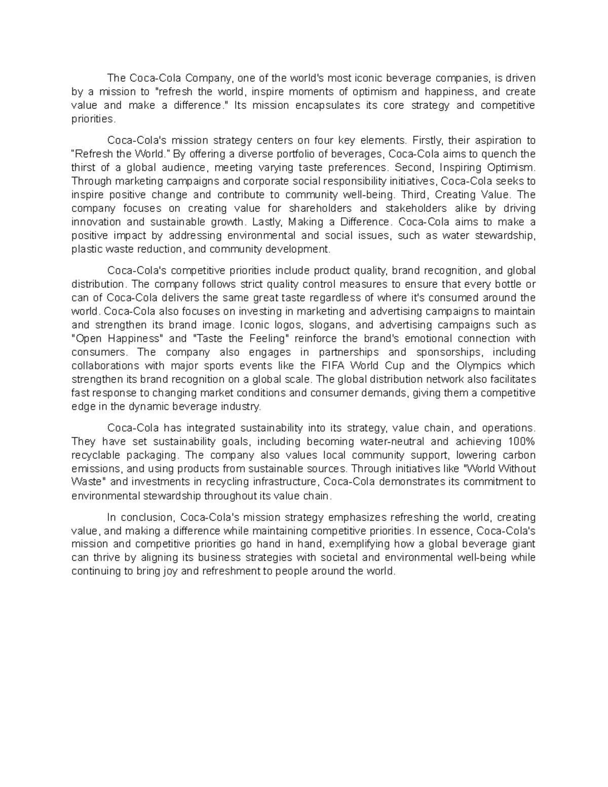 Coca Cola Mission Strategy - The Coca-Cola Company, one of the world's ...