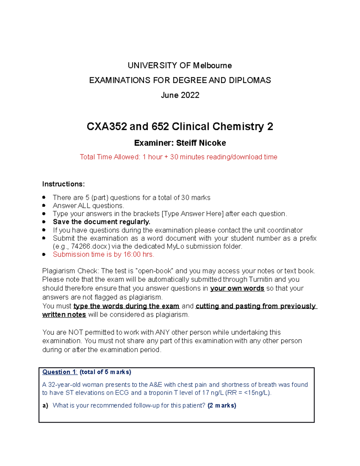 Clinical chemistry - final exam - UNIVERSITY OF Melbourne EXAMINATIONS ...