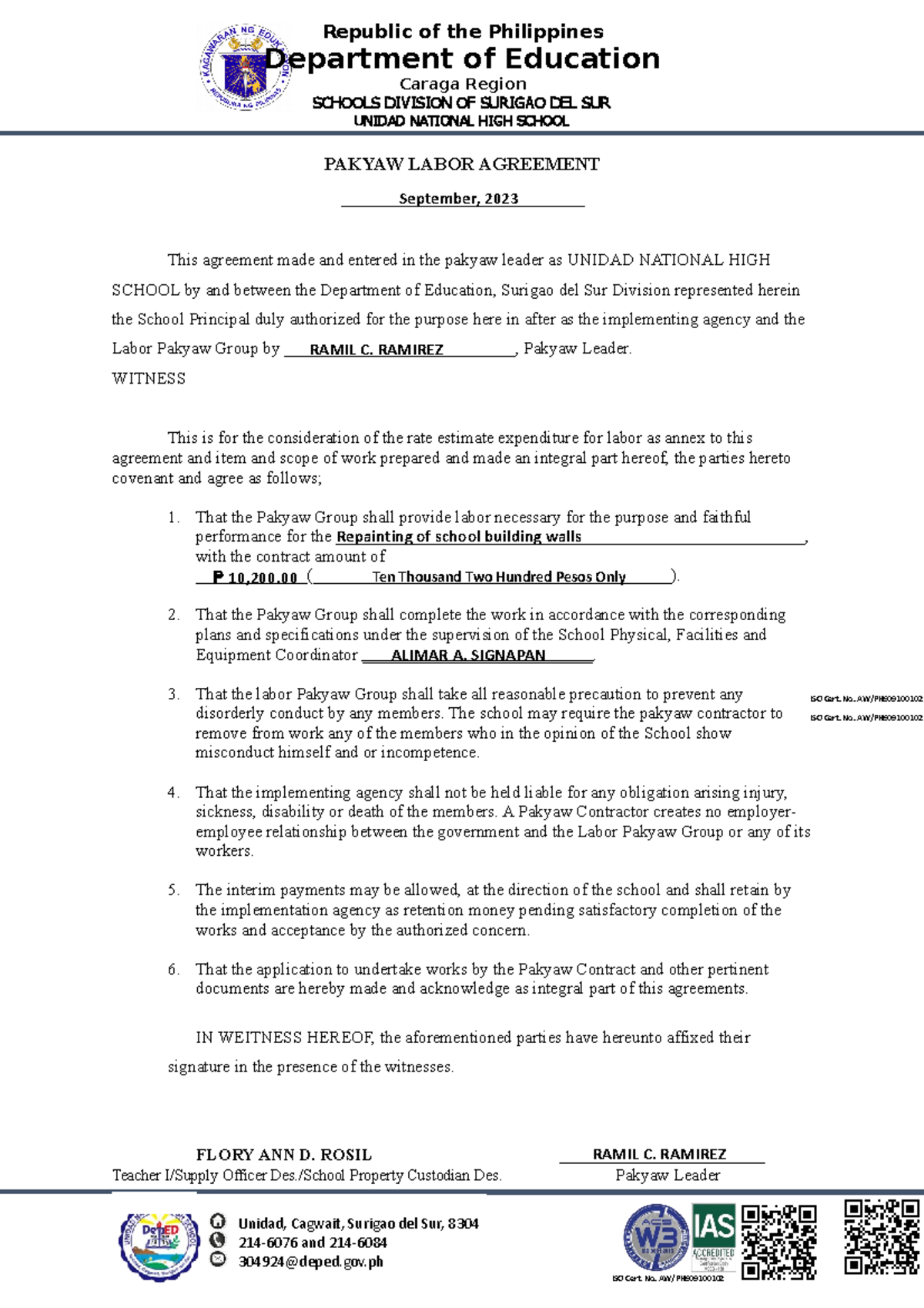 Labor Agreement - Document used for school property custodian ...