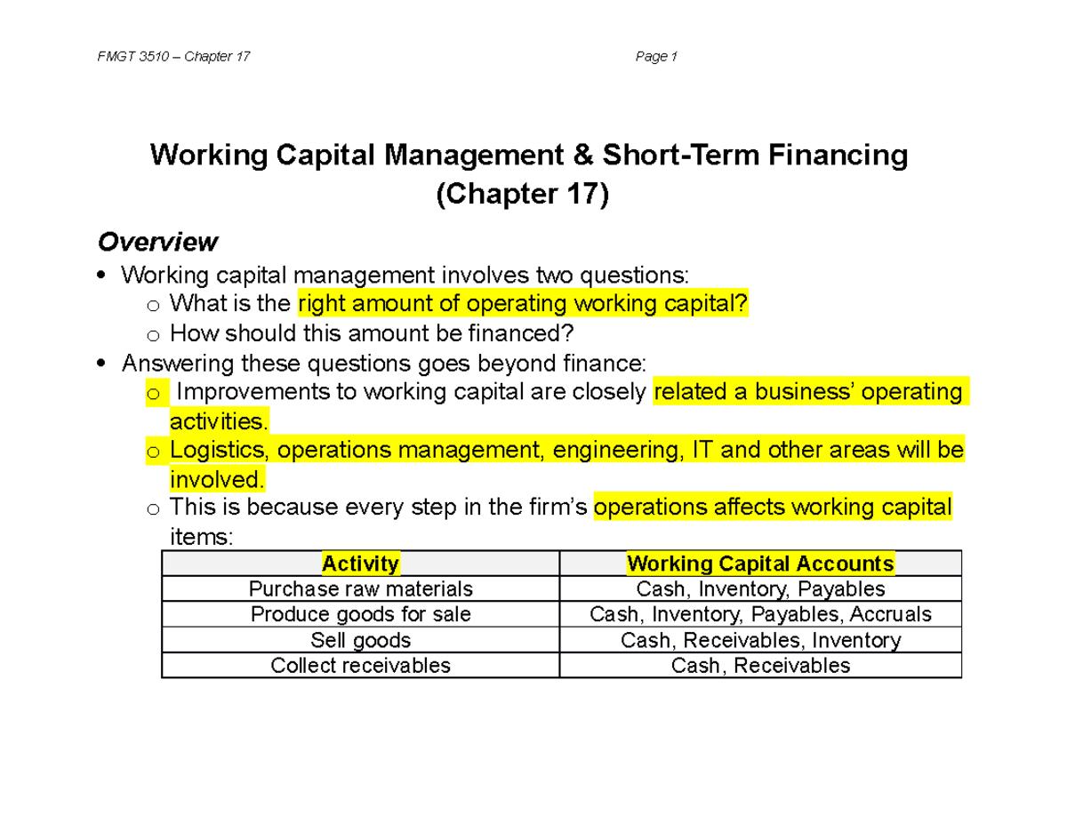 Chapter 17 2022 - Ch17 - Working Capital Management & Short-Term Financing (Chapter 17) Overview ...