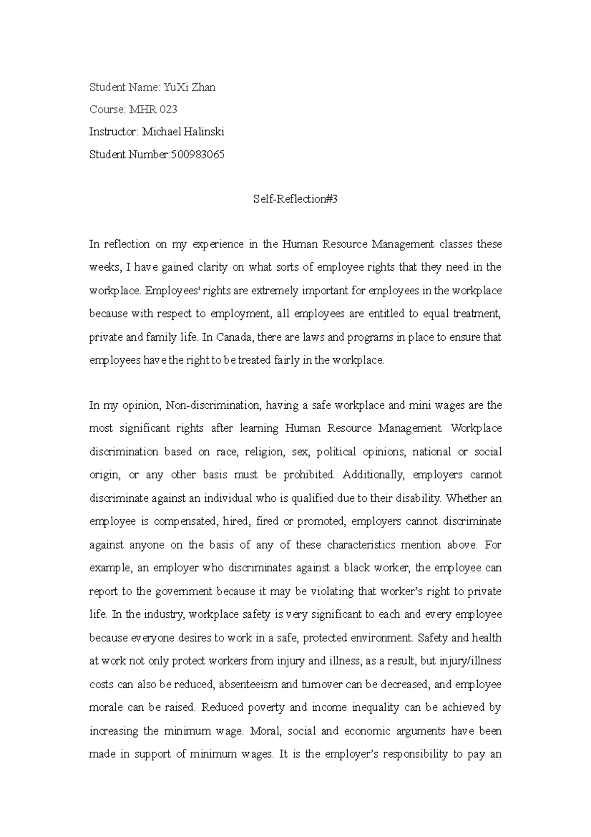 Self-reflection#3 - Course Assignment - Student Name: YuXi Zhan Course ...