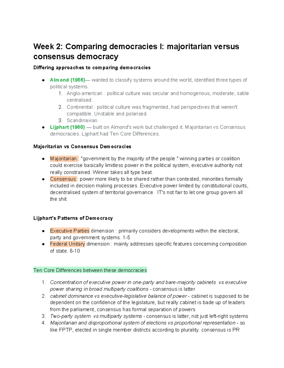 Week 2 Comparing democracies I majoritarian versus consensus democracy ...
