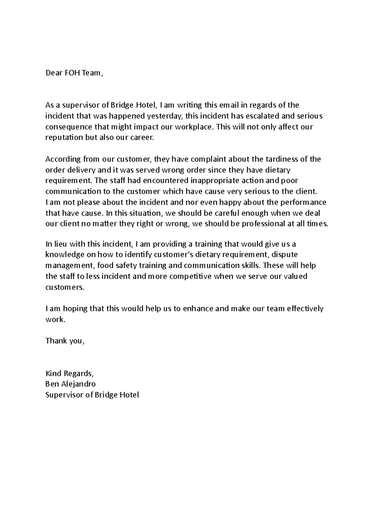 Email Staff 2 - cert 4 - Dear FOH Team, As a supervisor of Bridge Hotel ...