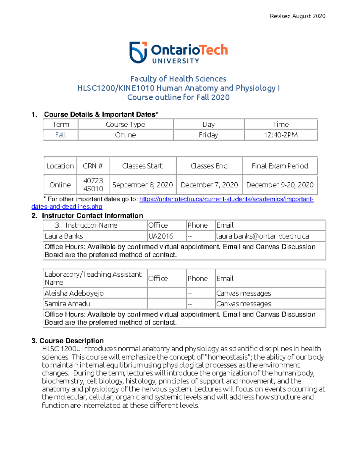 Anatomy and Physiology course outline - HLSC1700 - Ontario Tech ...