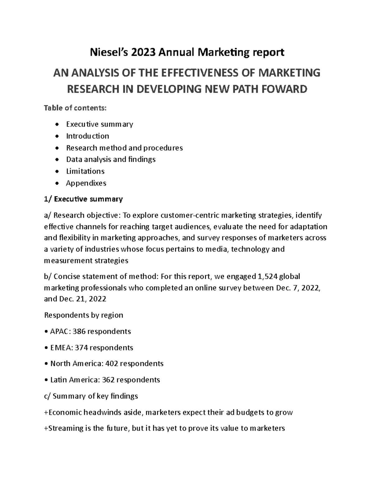Niesel - Practice essay - Niesel’s 2023 Annual Marketing report AN ...
