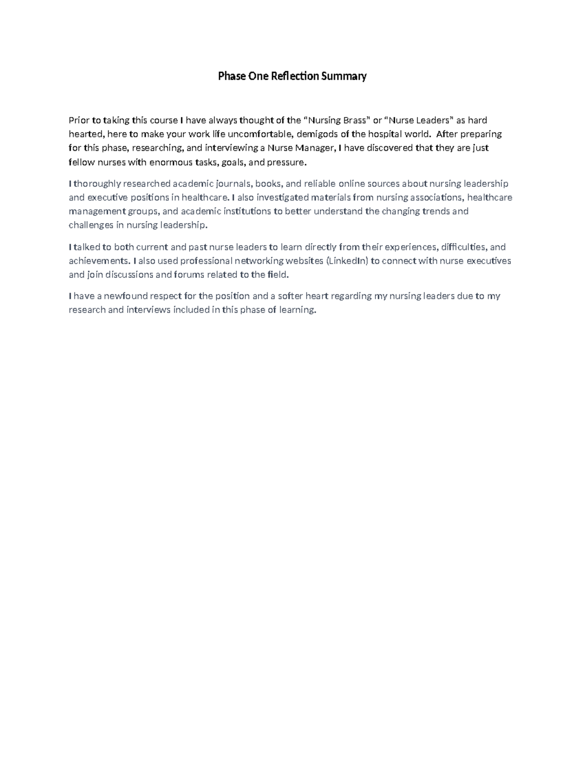 Phase One Reflection Summary D030 - Phase One Reflection Summary Prior to taking this course I ...