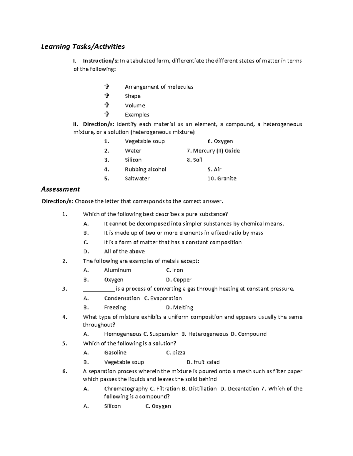 1.2 Learning Tasks and Assessment - Learning Tasks/Activities I ...