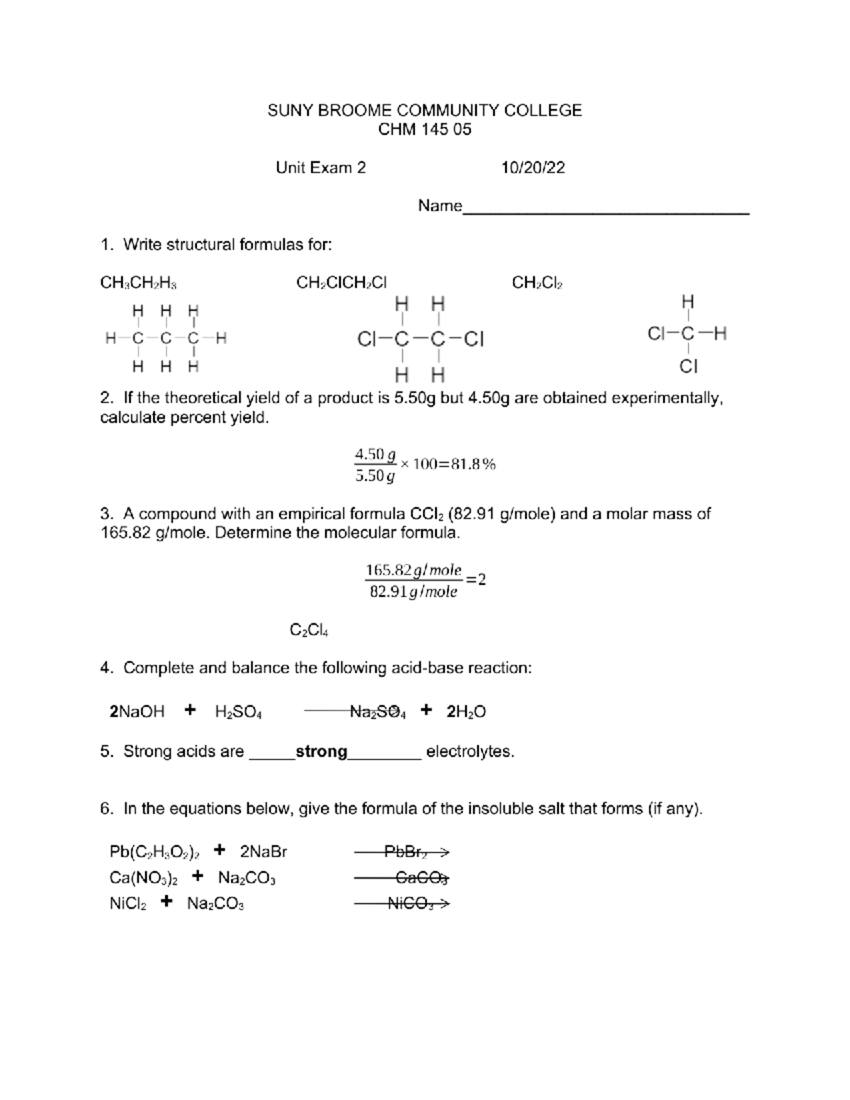 CHM 145 05 Fall 2022 Unit Exam 2 Key - 23SP- CHM 145 02 General ...