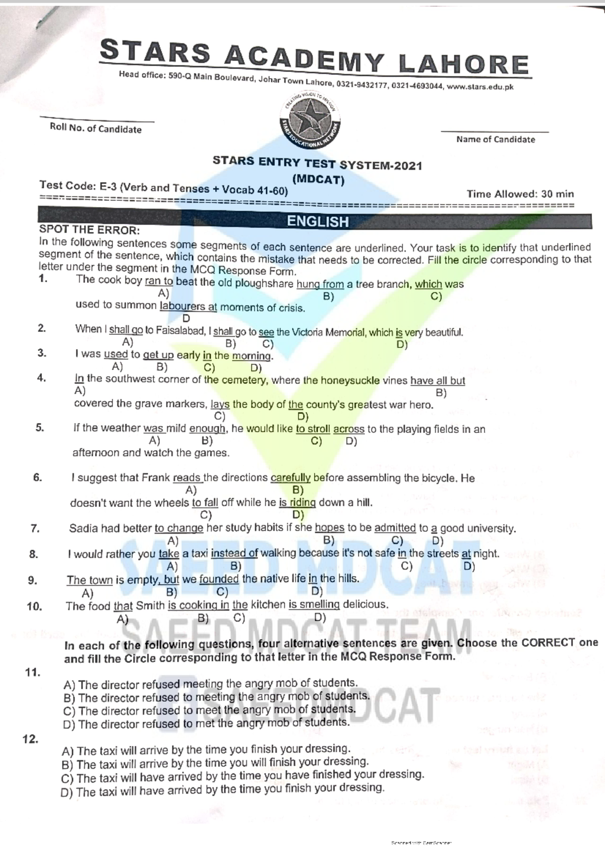 Stars Academy Test session E3 (Verb and tense Vocab 41-60)-watermarked ...