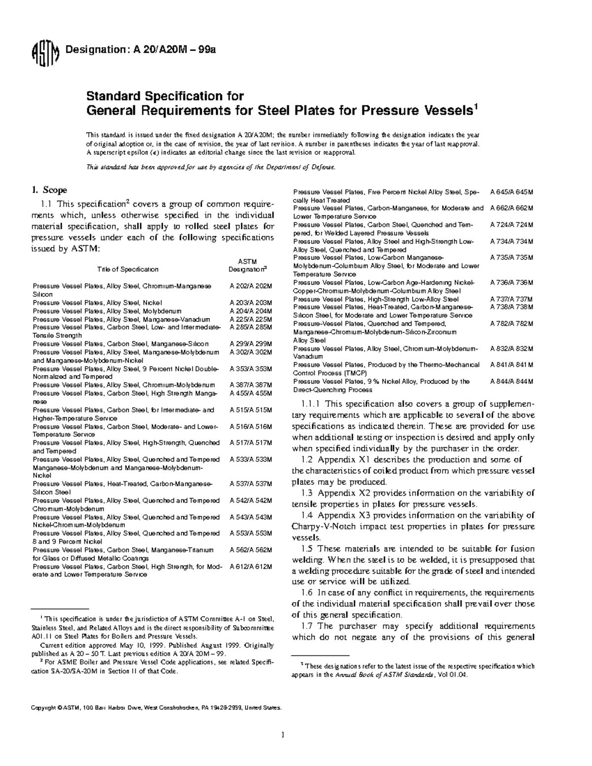 A20M - 1234 - Designation: A 20/A20M – 99a Standard Specification for ...