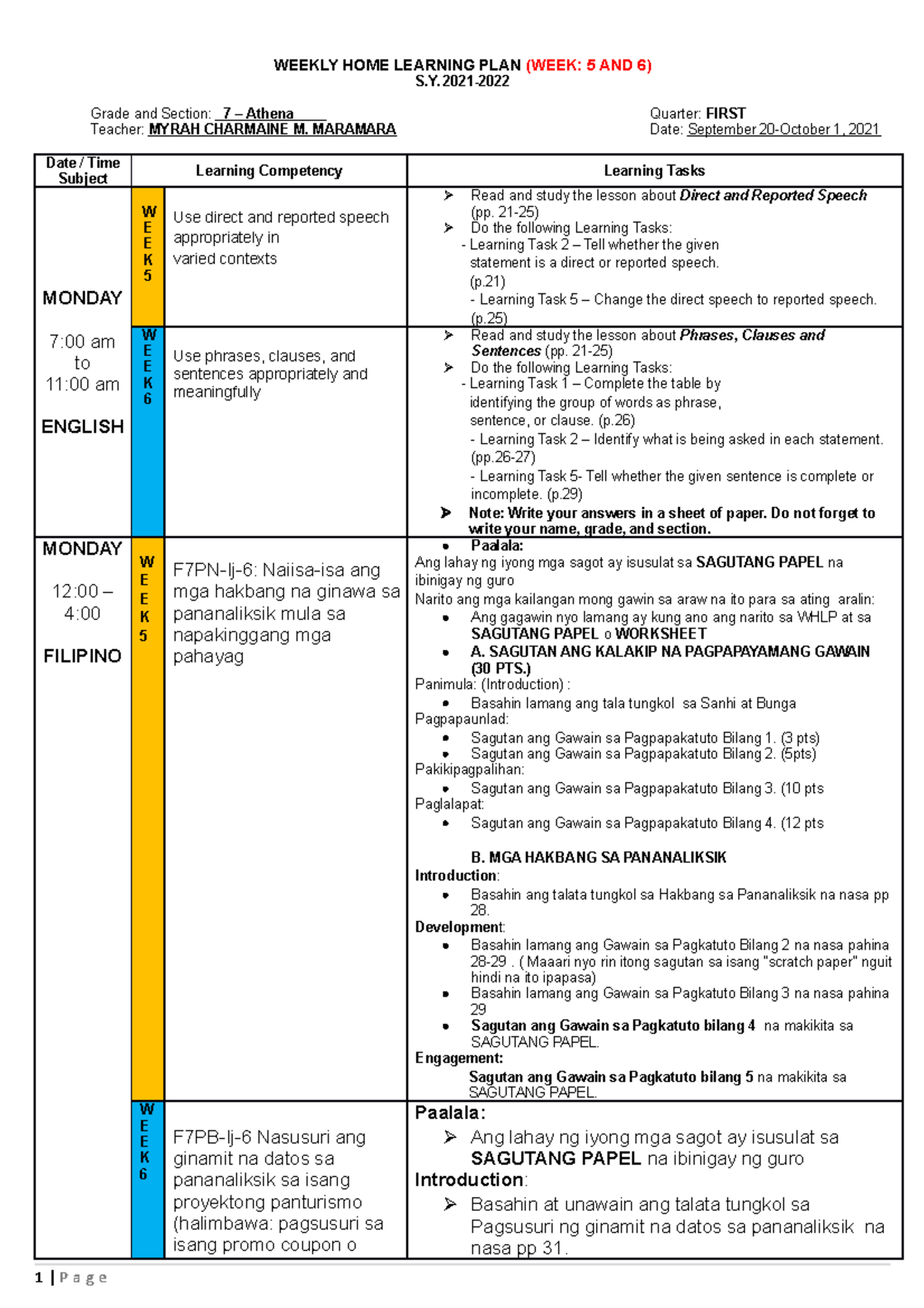 WHLP with RHGP - GRADE 7 ATHENA LIAN - WEEKLY HOME LEARNING PLAN (WEEK ...