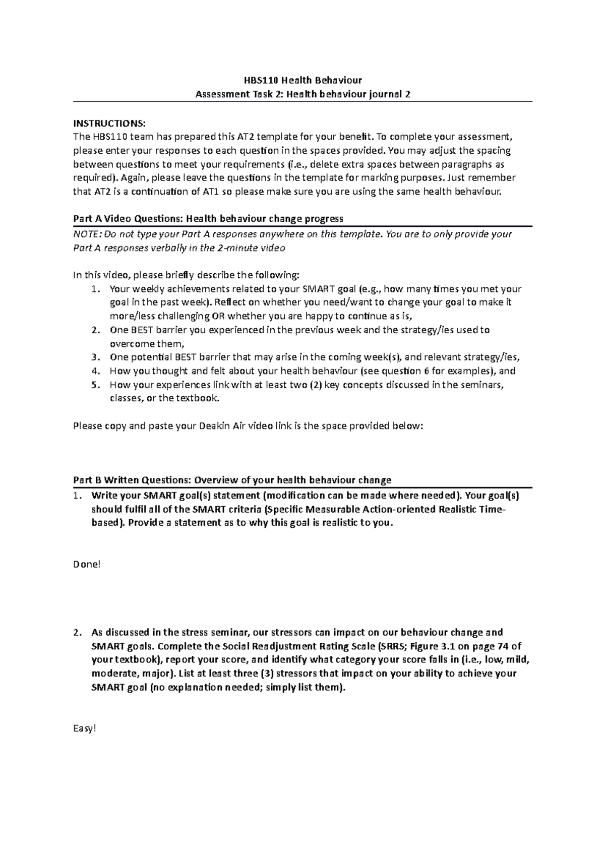 HBS110 AT2 template T1 2021 - HBS110 Health Behaviour Assessment Task 2 ...