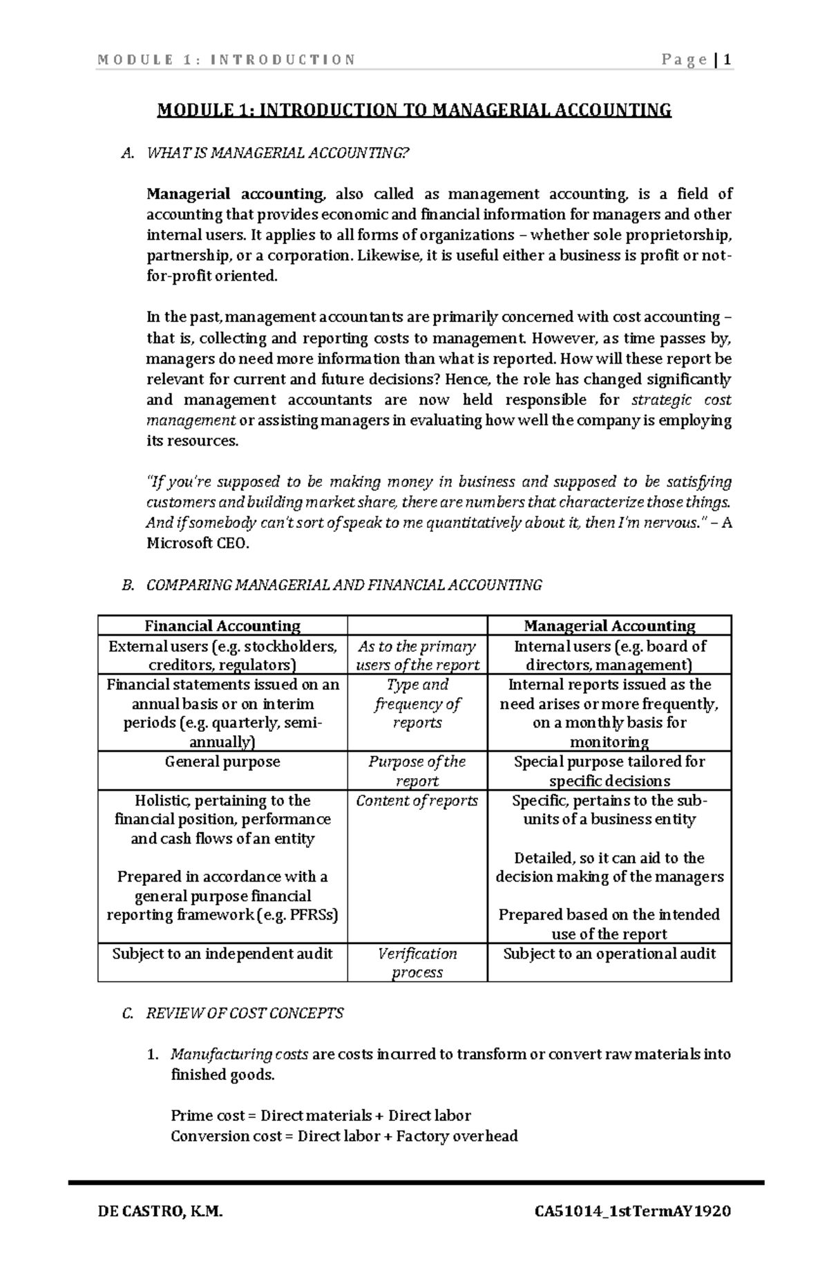 Introduction to Managerial Accounting - M O D U L E 1 : I N T R O D U C ...