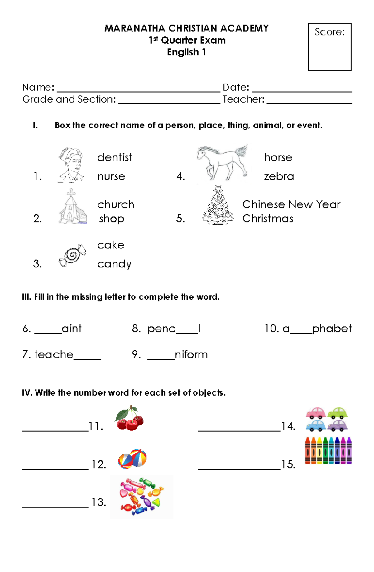 Q1 English 1 - Quarterly Exam - MARANATHA CHRISTIAN ACADEMY 1 st ...