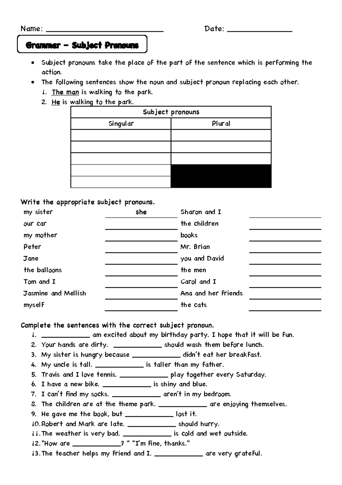 Subject pronouns - Name: _______________________ Date ...