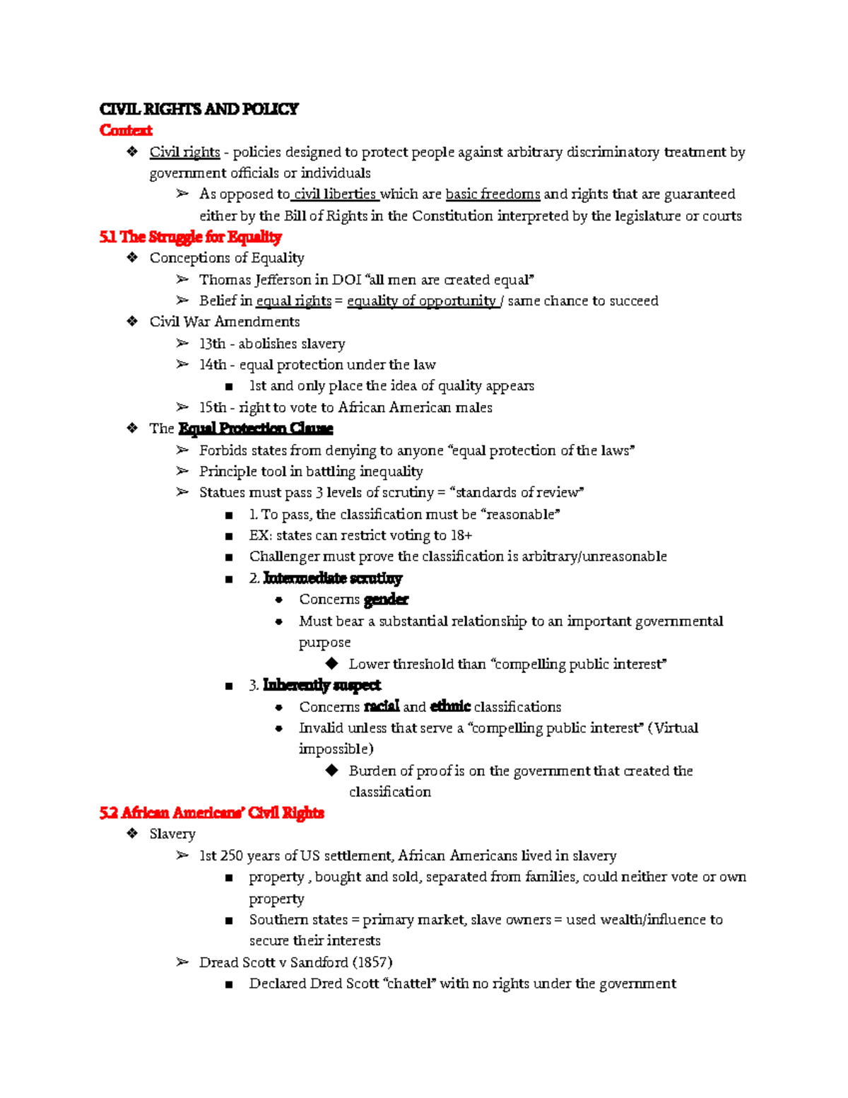 AP GOVT Chapter 5 Notes - CIVIL RIGHTS AND POLICY Context Civil rights ...