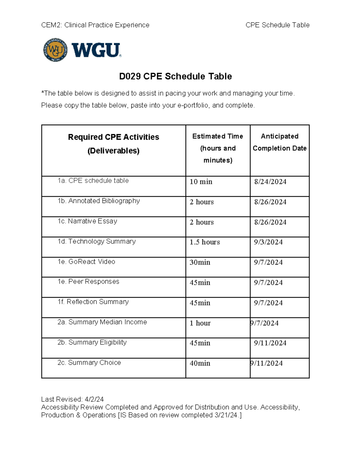 CPE Schedule Table Template D029 - D029 CPE Schedule Table *The table ...