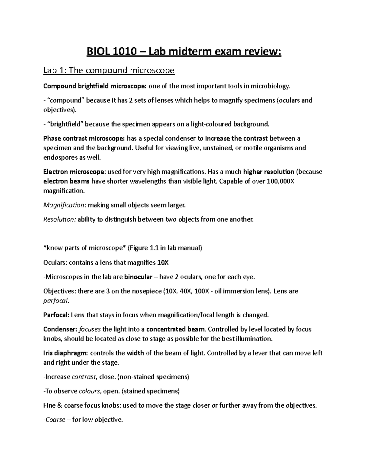 MBIO 1010 midterm lab review - BIOL 1010 Lab midterm exam review: Lab 1: The compound microscope ...