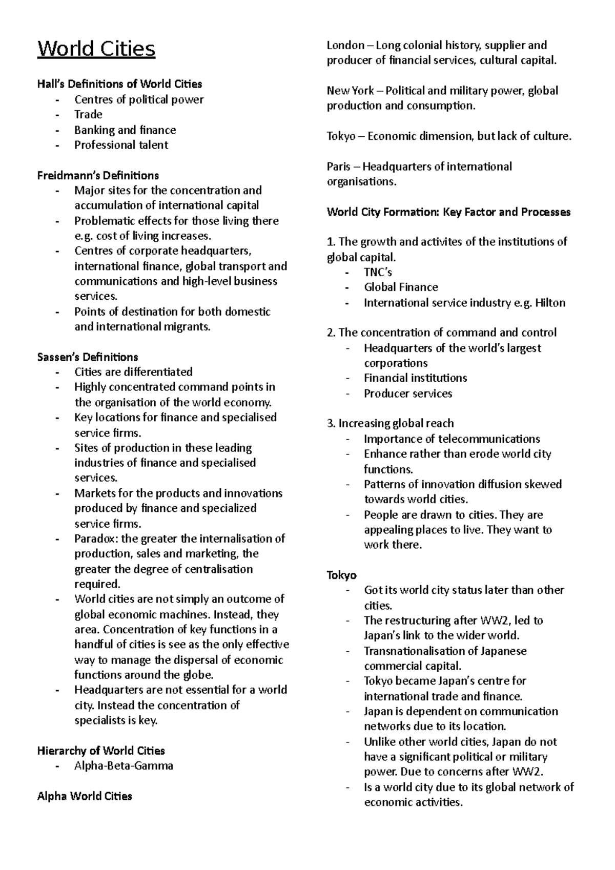 World Cities - Lecture notes - World Cities Hall’s Definitions of World ...