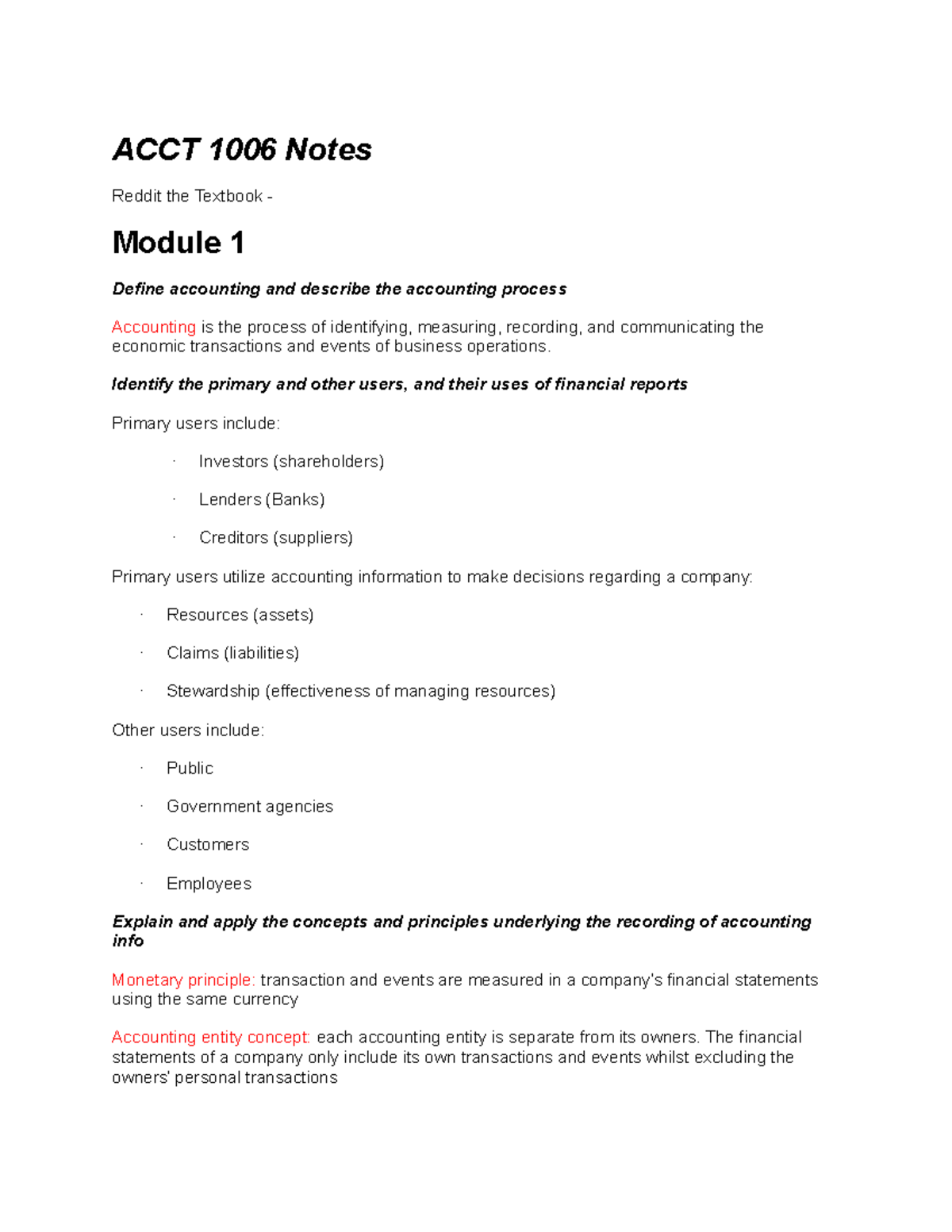 ACCT 1006 Notes - ACCT 1006 Notes Reddit the Textbook - Module 1 Define ...